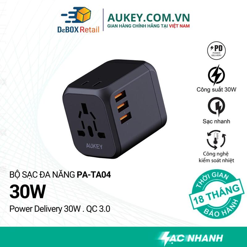 Aukey PA-B7S Củ sạc siêu nhanh máy tính/ điện thoại 4 cổng 100W Omnia™ GaNFast công nghệ PD3.0 ...